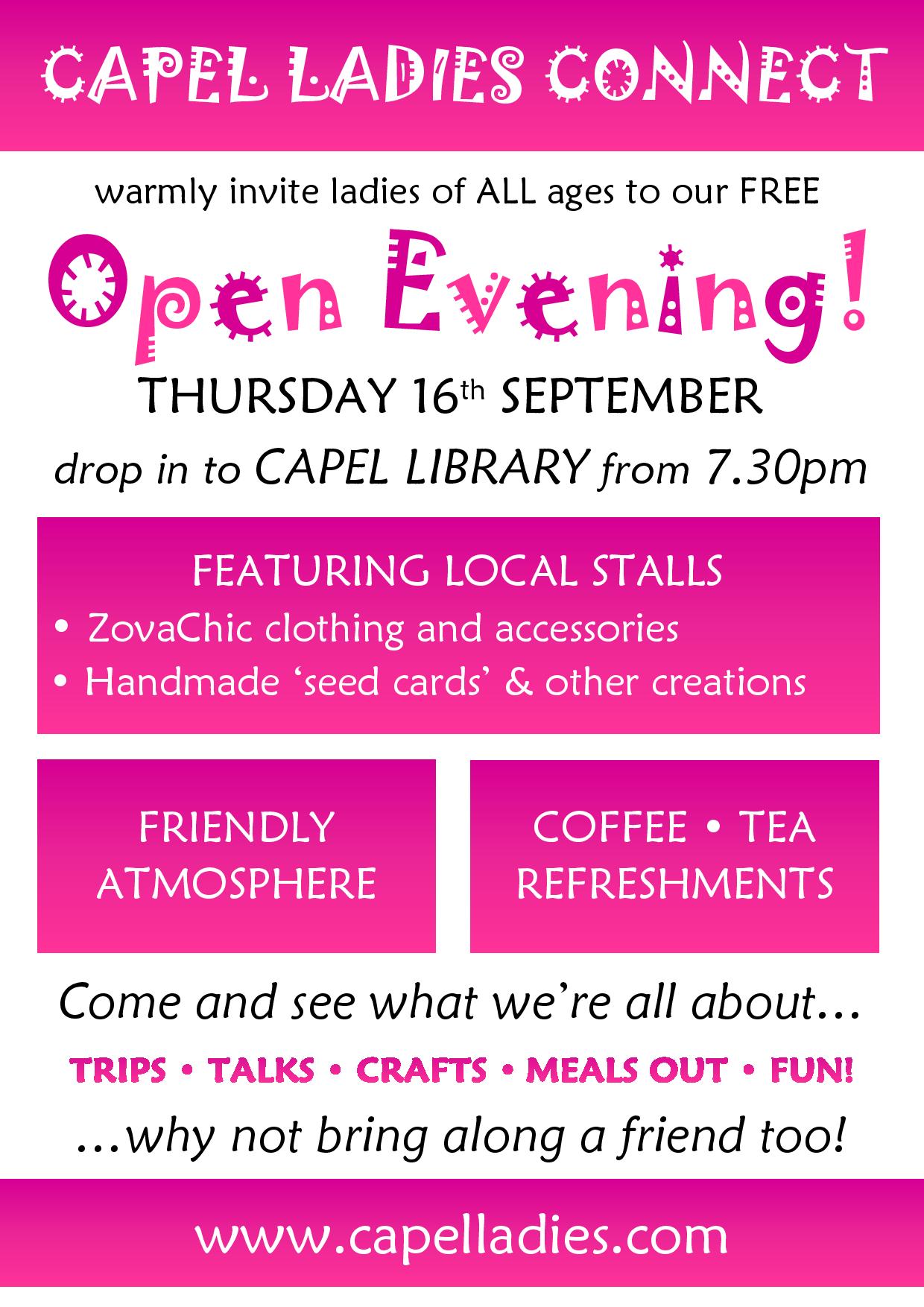 2021 Sept – Open Evening A4 Poster | Capel Ladies Club